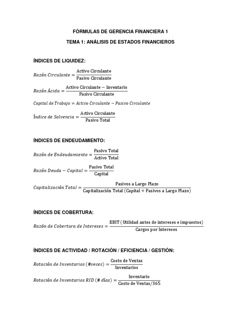 FÓRMULAS DE GERENCIA FINANCIERA 1 (Tema 1) | PDF | Contabilidad | Business