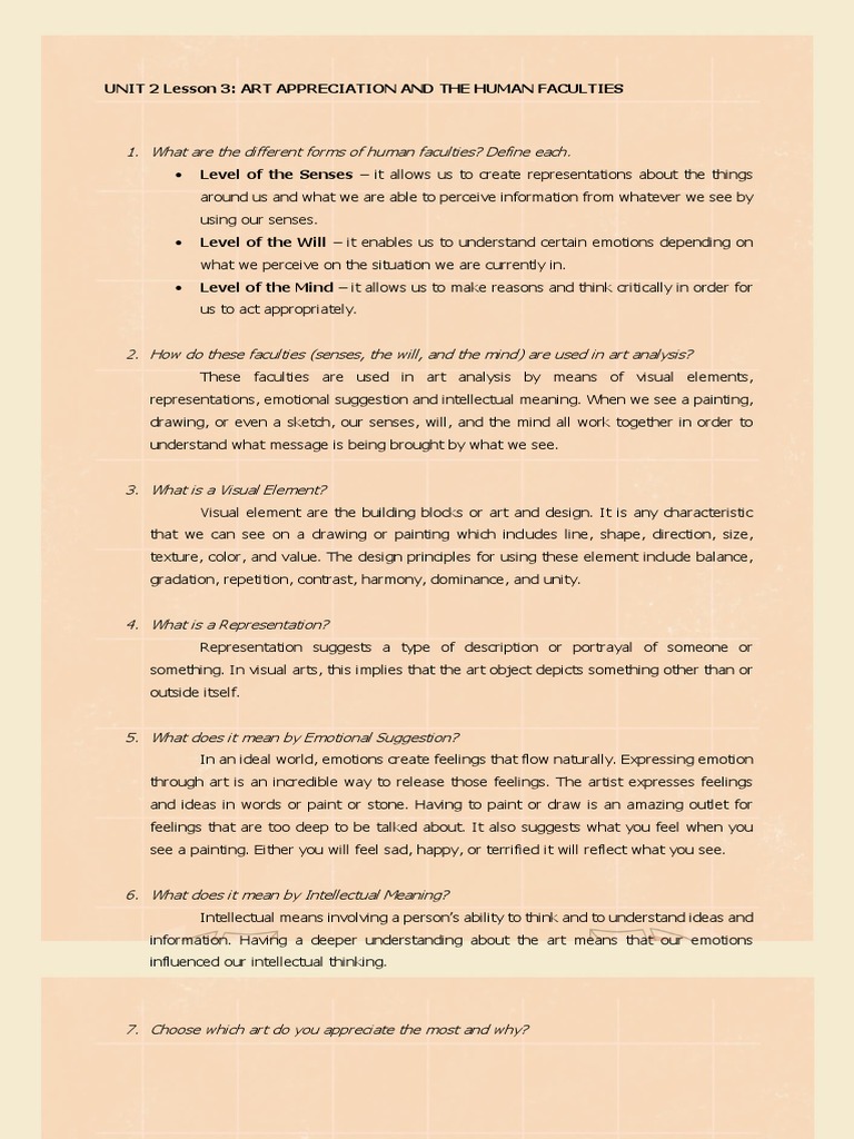 Unit 2 Lesson 3 Art Appreciation and The Human Faculties | Download Free PDF | Mental Processes ...