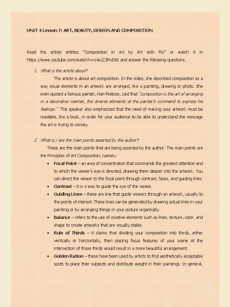 UNIT 4 Lesson 7 ART, BEAUTY, DESIGN AND COMPOSITION | PDF | Composition ...