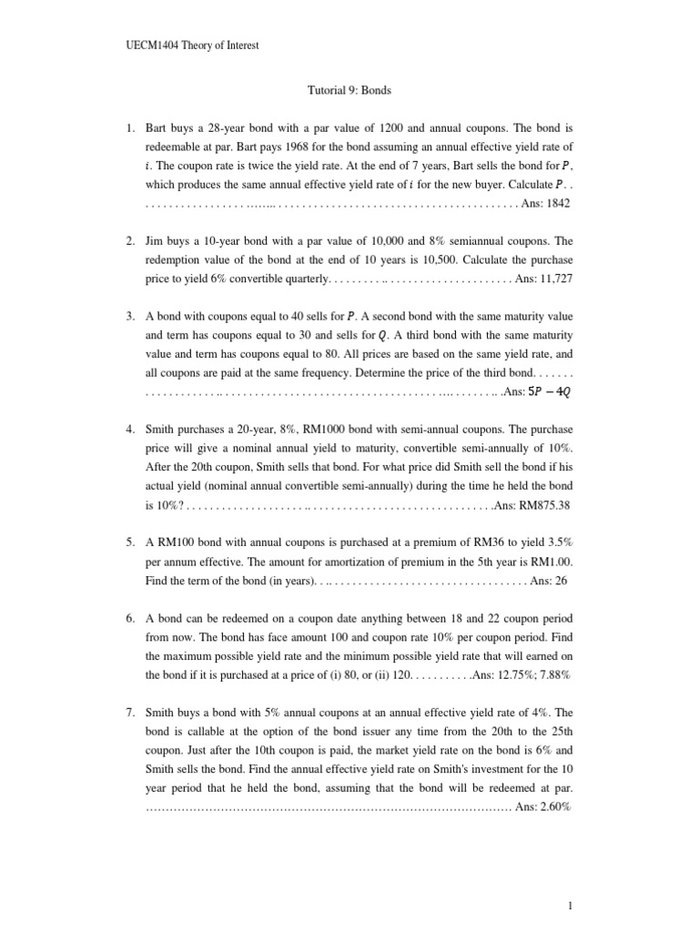 Tutorial 9 | PDF | Bonds (Finance) | Yield (Finance)
