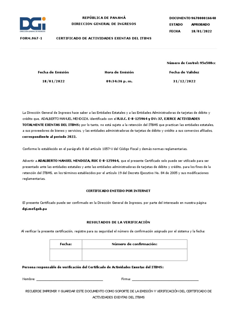 Certificado Exento de ITBMS | PDF | Tarjeta de crédito