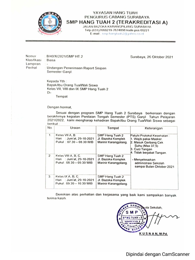 Undangan Penerimaan Rapor Sisipan | PDF