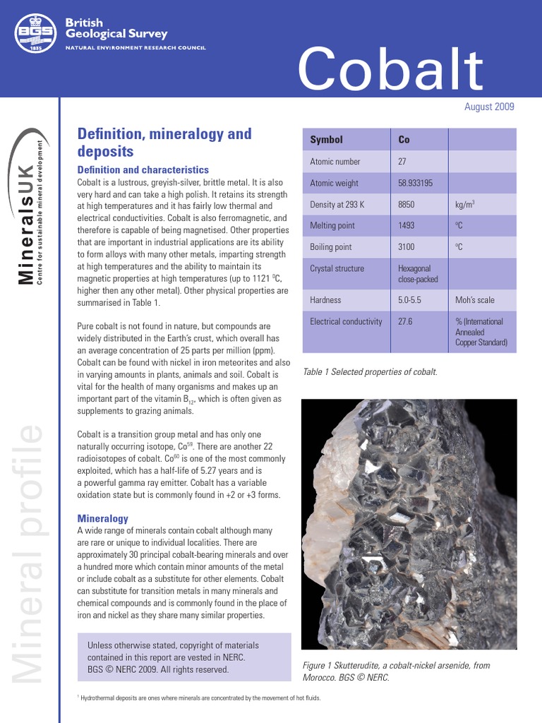 Cobalt: Definition, Mineralogy and Deposits | PDF | Cobalt | Rock (Geology)