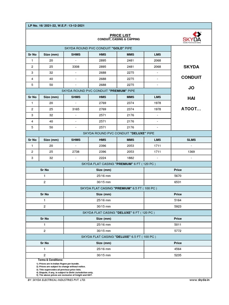 Electrical Conduits Price 13-12-2021 | PDF | Equipment | Building ...