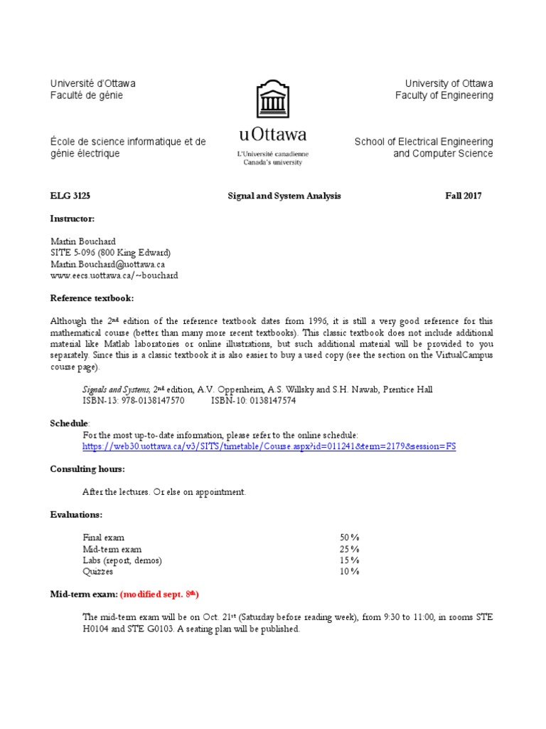 ELG 3125 Signal and System Analysis Fall 2017 Instructor | PDF ...