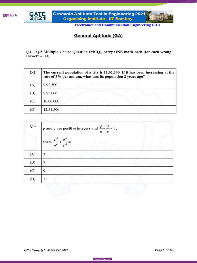 GATE Electronics and Communication Previous Year Question Paper 2021 ...