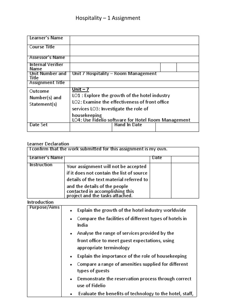 Hospitality - 1 Assignment: Unit - 7 | PDF | Hotel | Restaurants