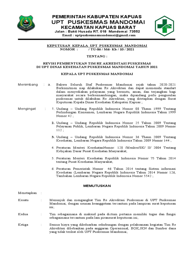 Revisi Tim Akreditasi Puskesmas Mandomai 2021 | PDF