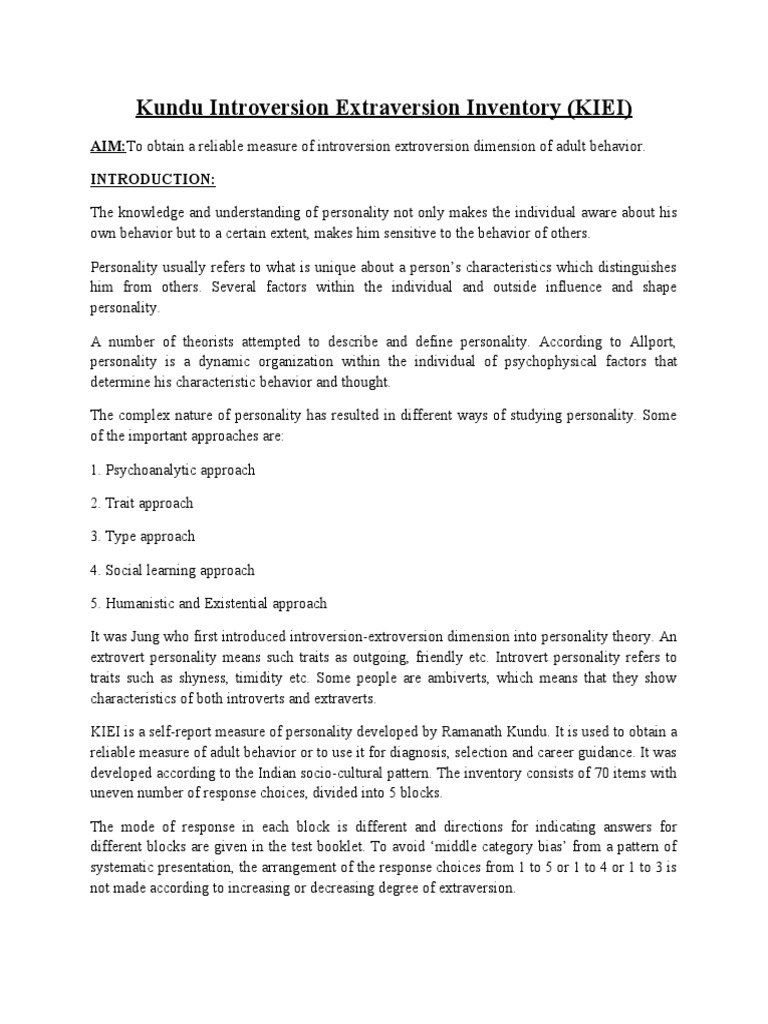 Kundu Introversion Extraversion Inventory (KIEI) | PDF | Extraversion And Introversion ...