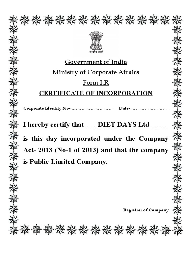 Government of India Ministry of Corporate Affairs Form I.R Certificate ...