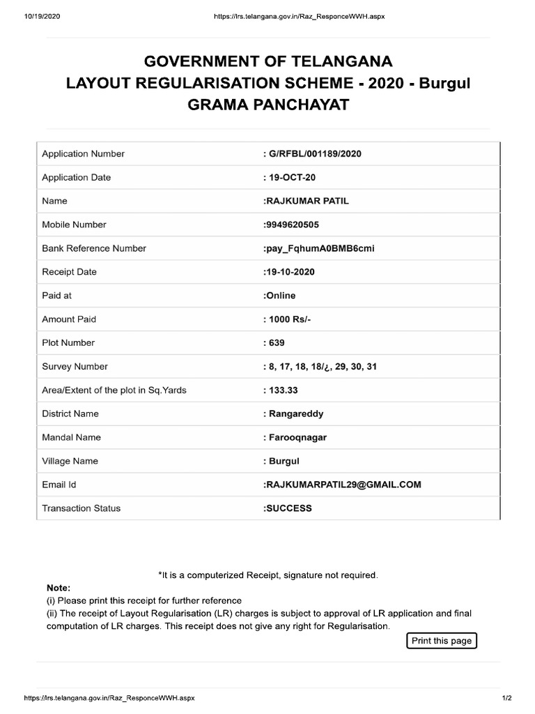 RECEIPT LRS Payment Telangana | PDF