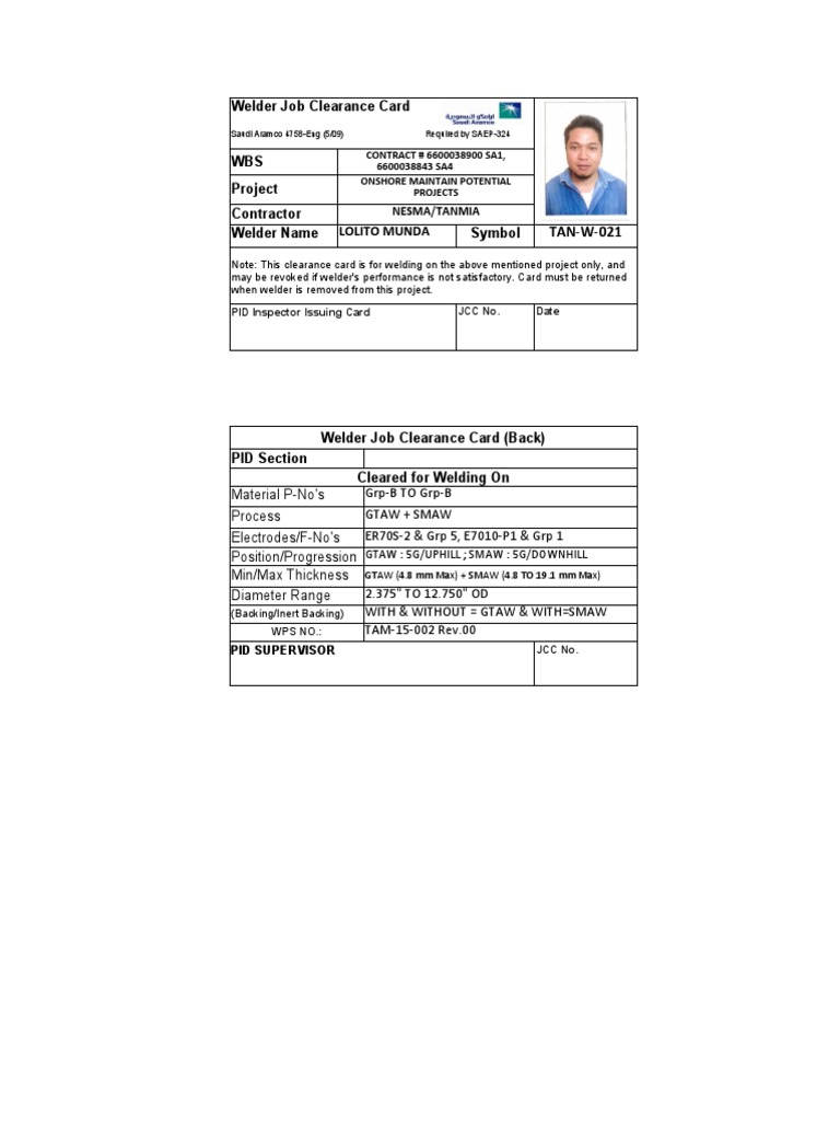 Welder Job Clearance Card: Nesma/Tanmia | PDF | Welding | Construction