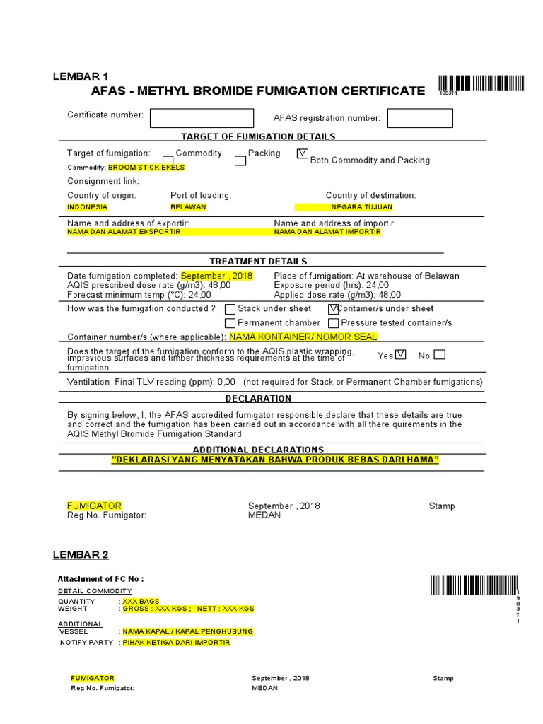Afas - Methyl Bromide Fumigation Certificate: Lembar 1 | PDF
