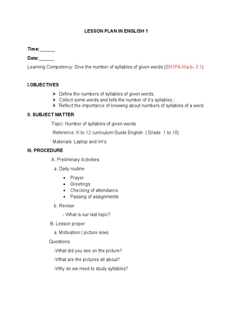 Grade 1 Syllables Lesson Plan | PDF | English Language | Lesson Plan