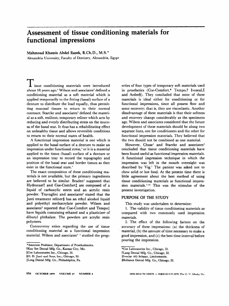 Assessment of Tissue Conditioning Materials For Functional Impressions ...