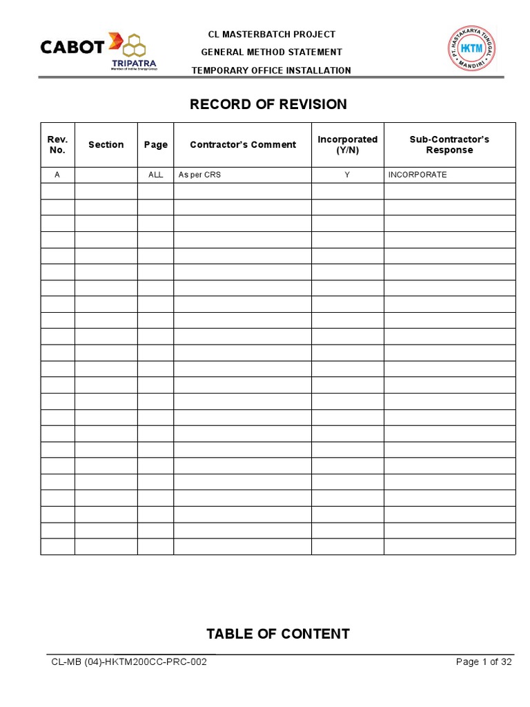 Record of Revision: Rev. No. Section Contractor's Comment Incorporated ...