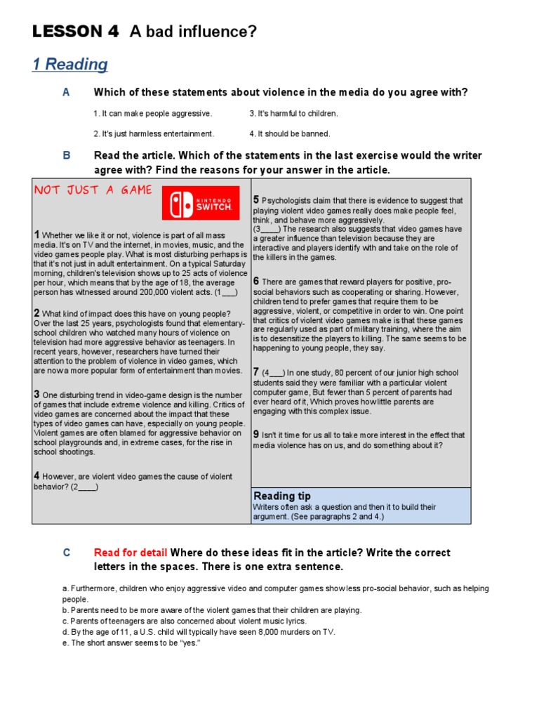 1 Reading: LESSON 4 A Bad Influence? | PDF | Violence | Video Games
