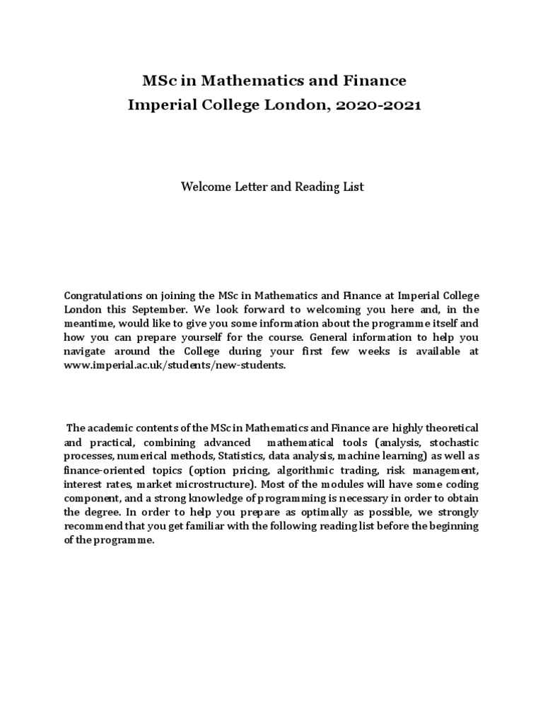 MSC in Mathematics and Finance Imperial College London, 2020-2021 | PDF ...