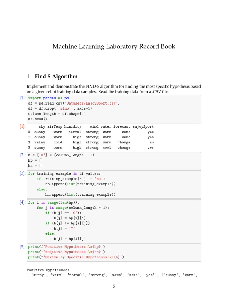 Machine Learning Laboratory Record Book: 1 Find S Algorithm | PDF ...