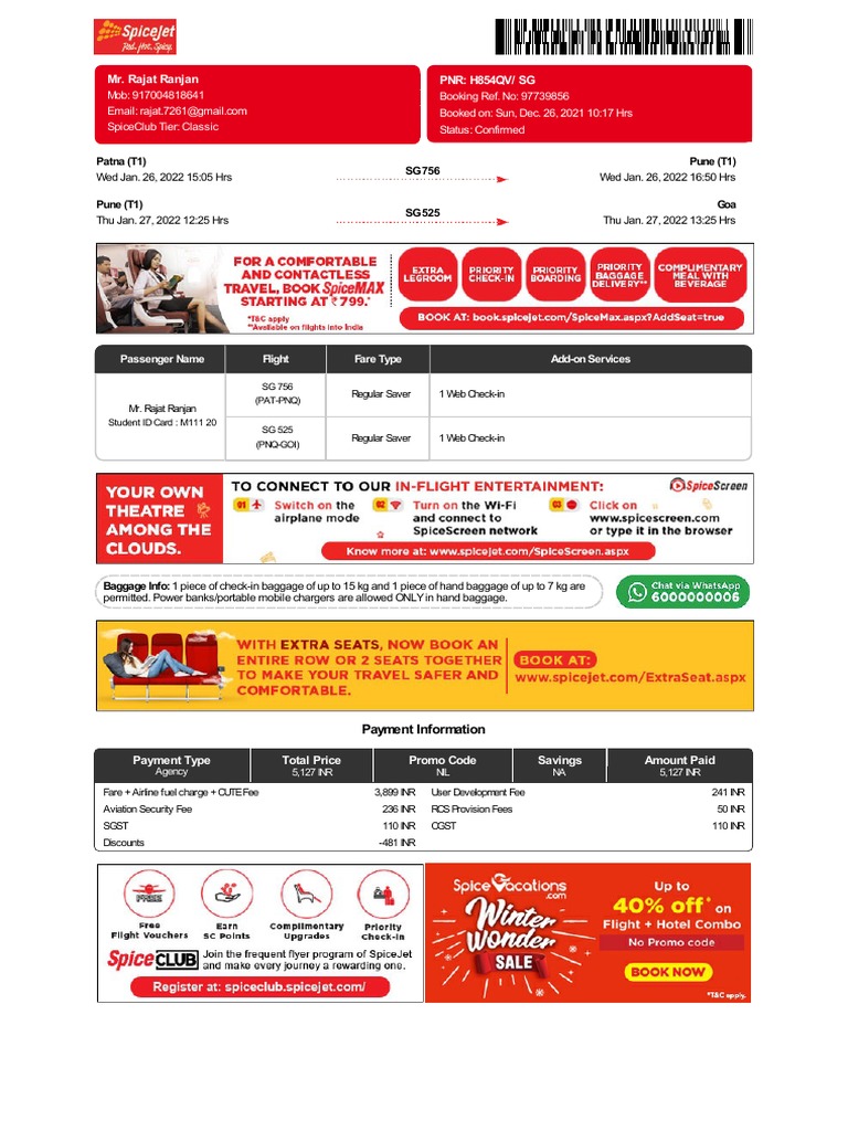SpiceJet - E-Ticket - PNR - H854QV 26 Jan 2022 Patna-Pune For MR ...