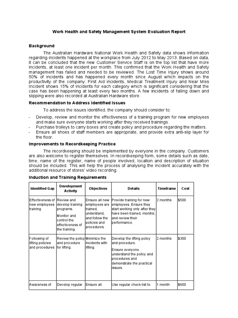 Work Health and Safety Management System Evaluation Report Background ...