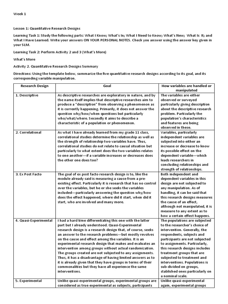 Quantitative Research Design Summary: Descriptive, Correlational, Ex ...
