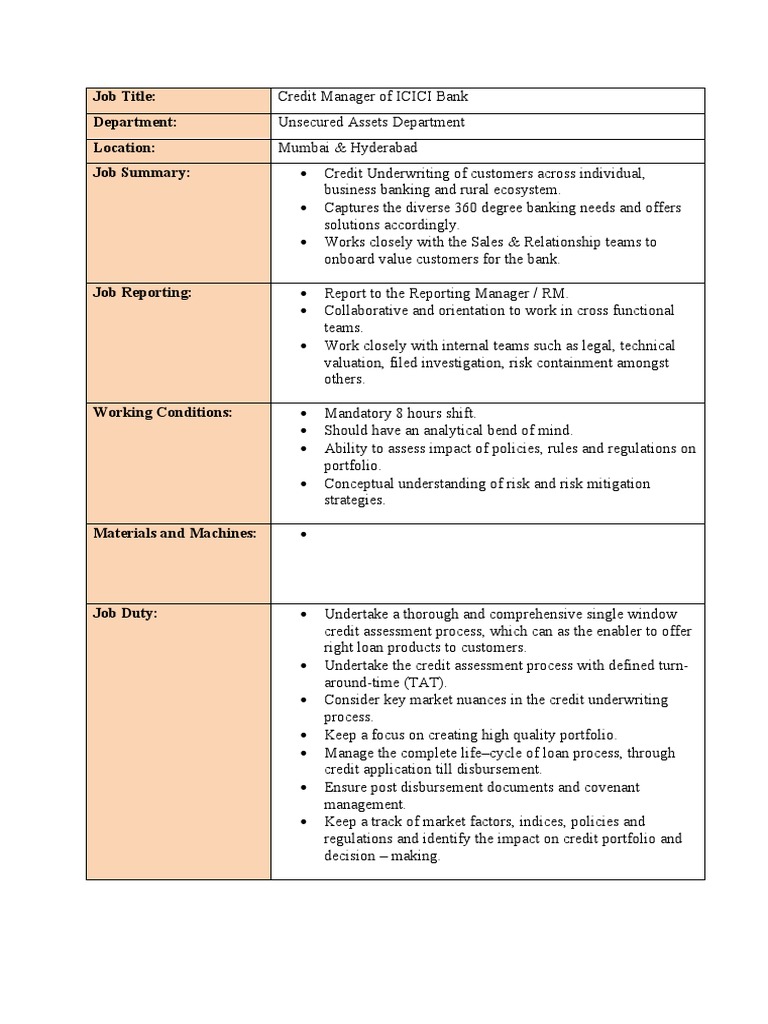 Job Title: Department: Location: Job Summary | PDF | Banks | Credit