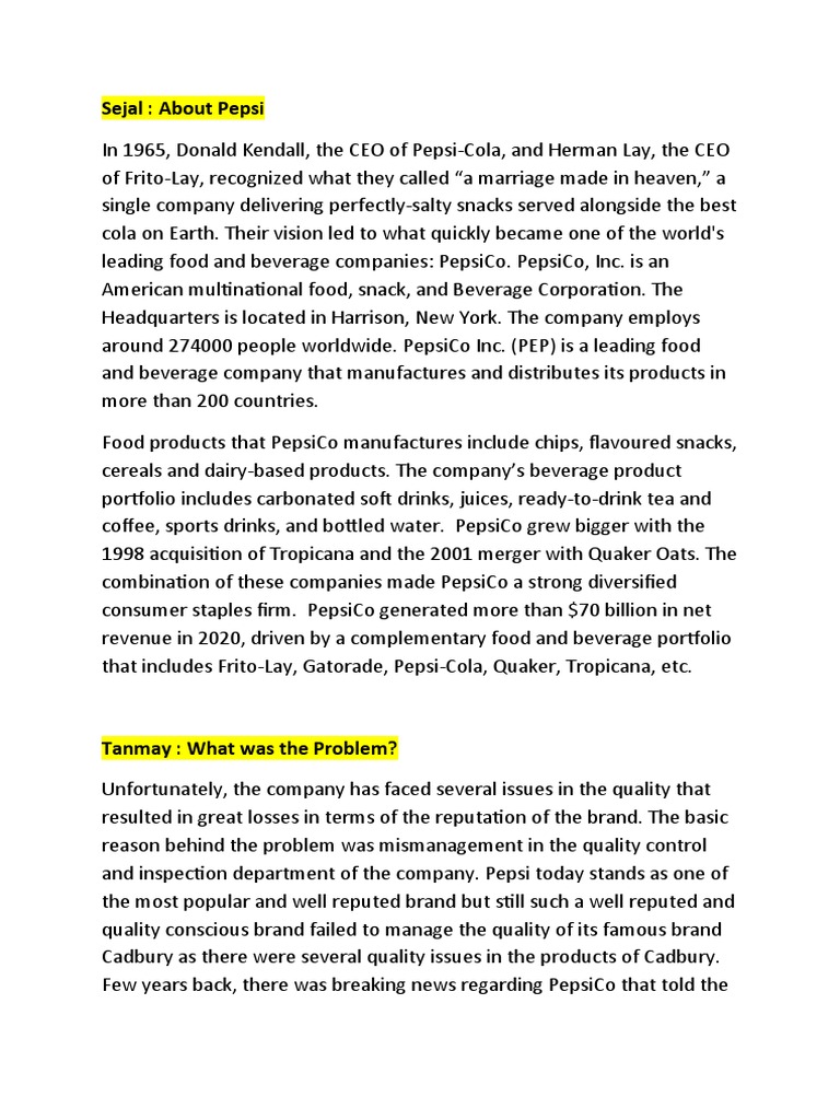 Reasons Behind PepsiCo's Quality Issues And Strategies Adopted To ...