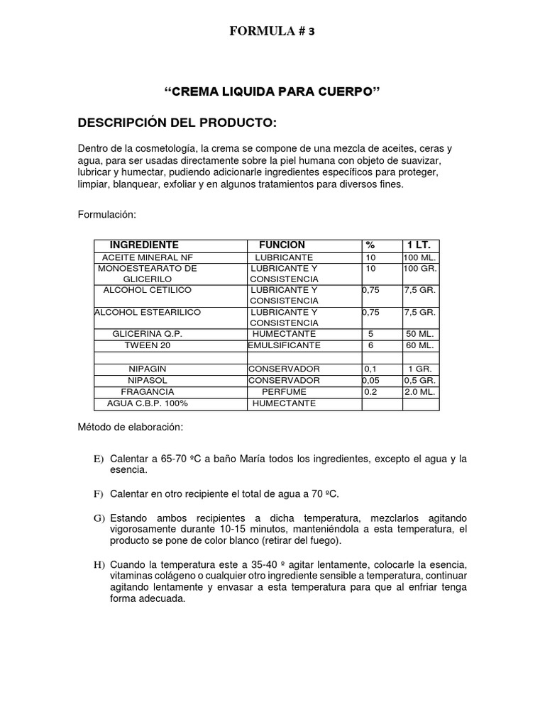 Formula Crema Liquida para Cuerpo | PDF