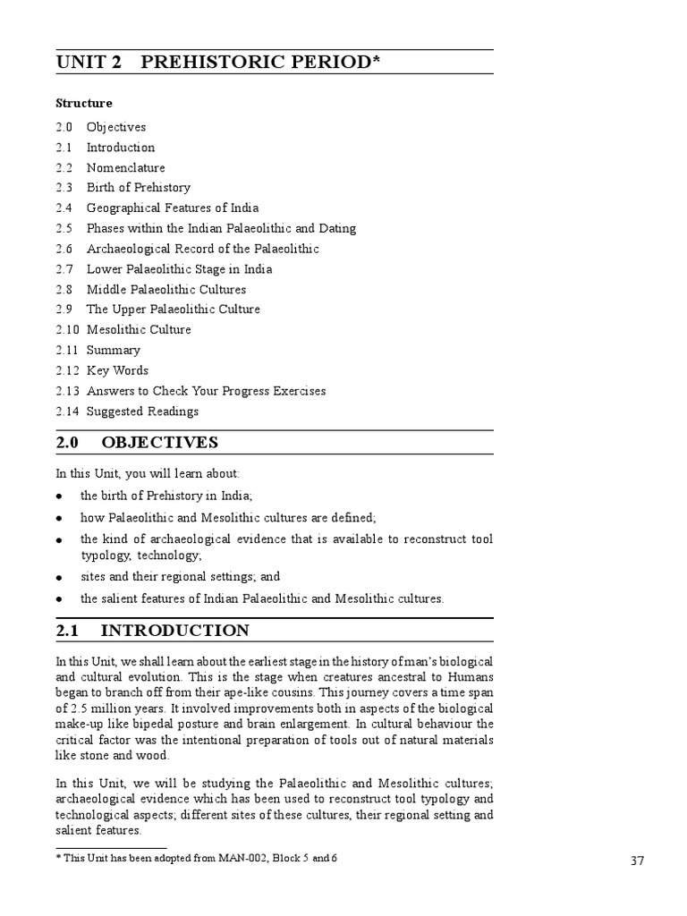 Unit 2 Prehistoric Period : 2.0 Objectives | PDF | Stone Age | Holocene