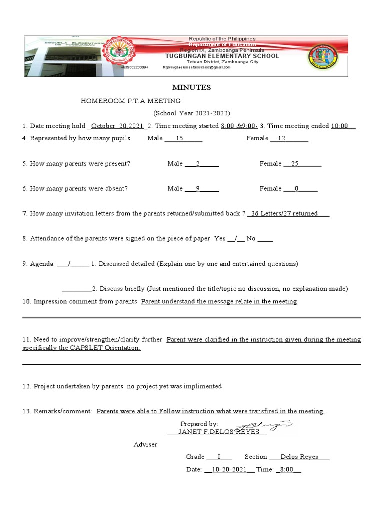 Sample Minutes For GPTA Meeting S.Y.2019-2020 | PDF