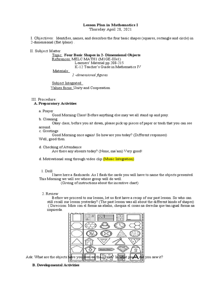 Lesson Plan in Mathematics I&2-Dimensional Shape | PDF