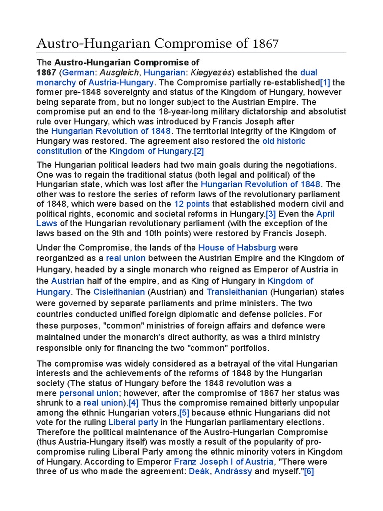 Austro-Hungarian Compromise of 1867 Established Dual Monarchy | PDF ...