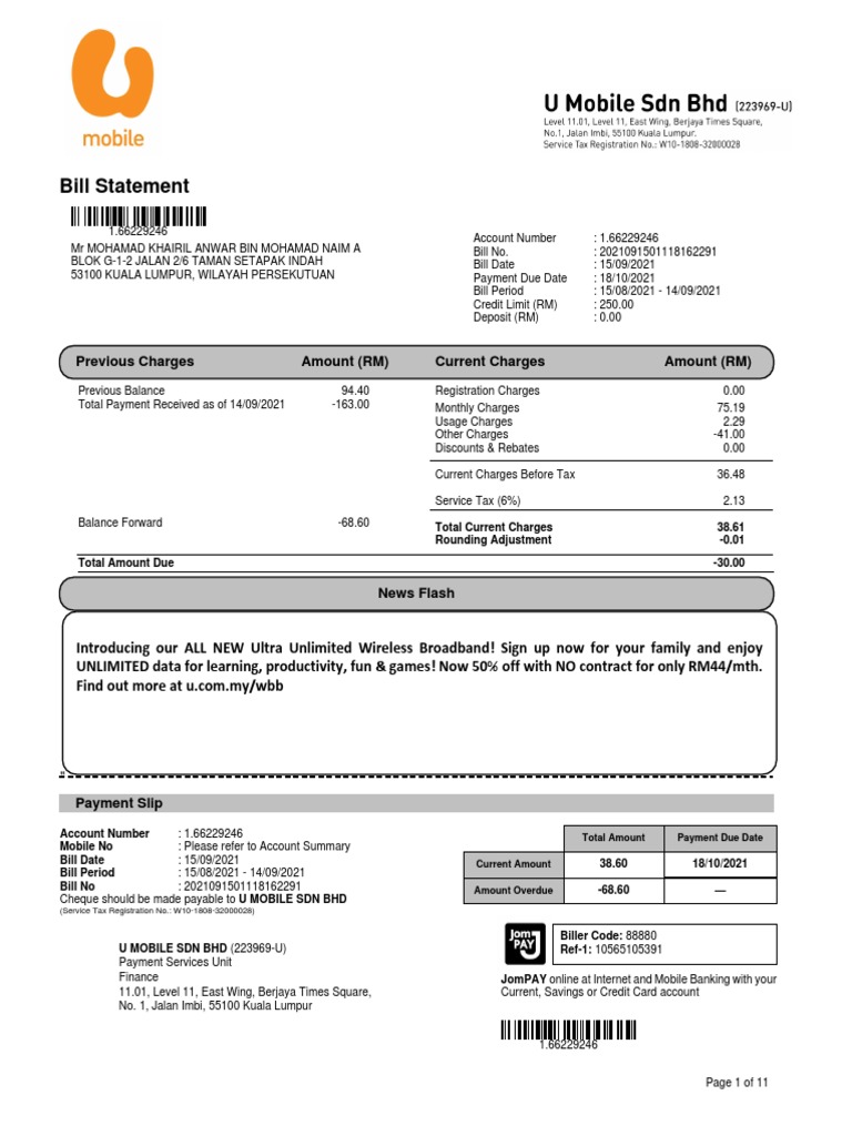 Bill Statement: Previous Charges Amount (RM) Current Charges Amount (RM ...
