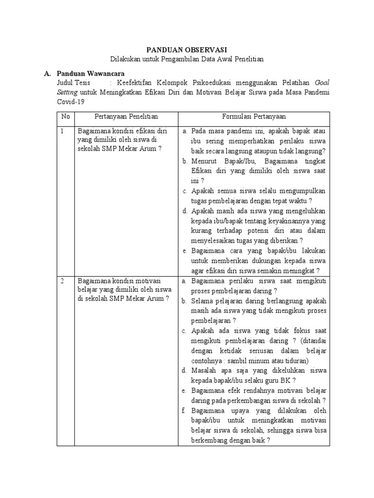 Panduan Observasi Penelitian Siswa | PDF