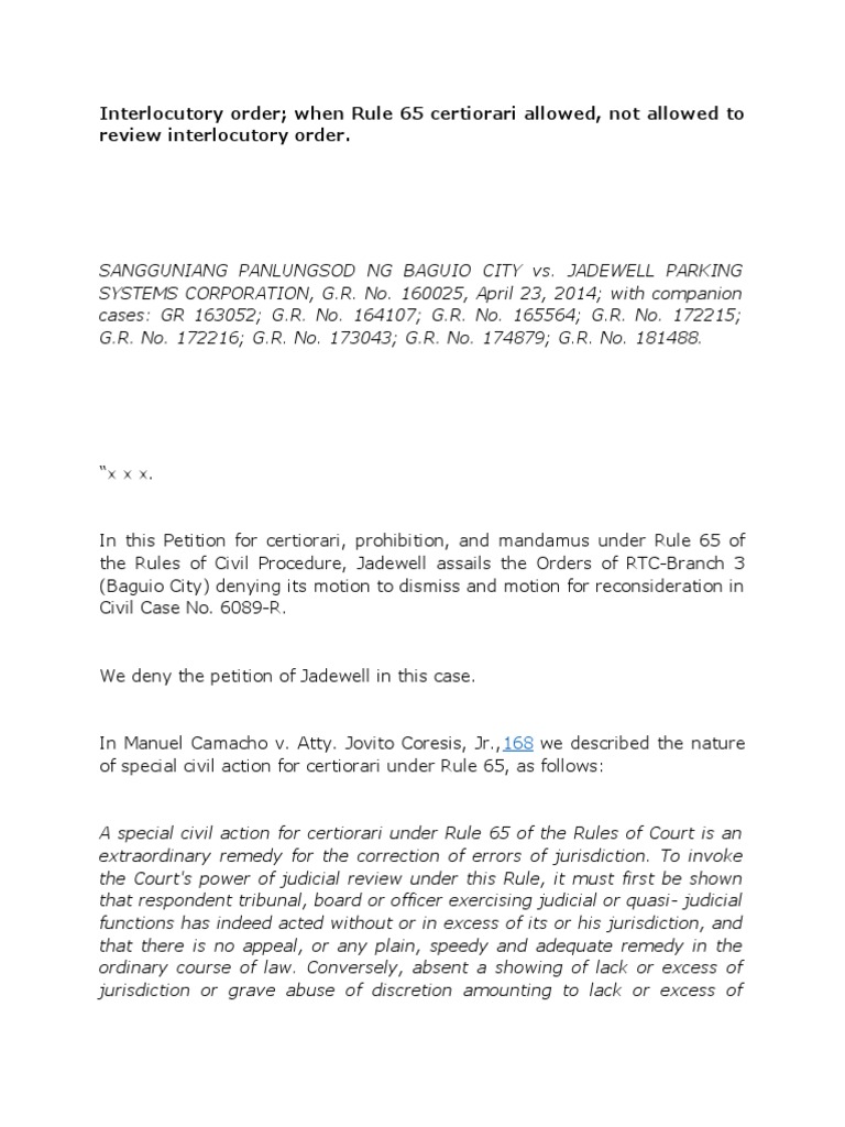 Interlocutory Order When Rule 65 Certiorari Allowed, Not Allowed To ...