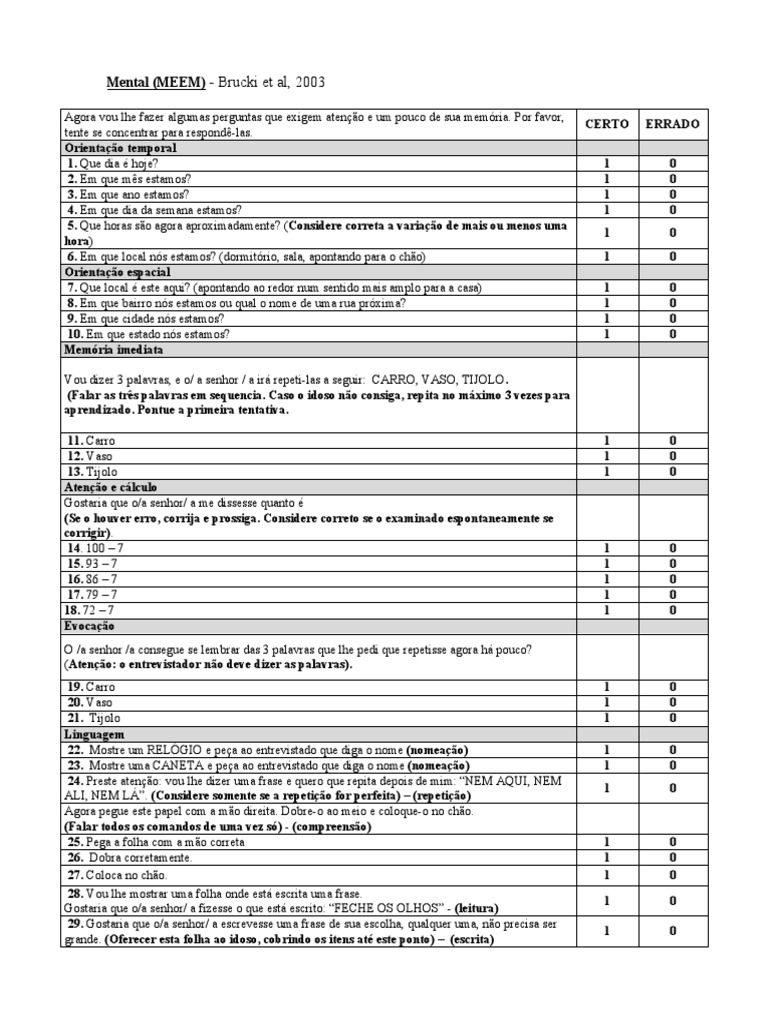 Protocolo Mini Exame Do Estado Mental e Bateria Breve de Rastreio Cognitivo 2 | PDF