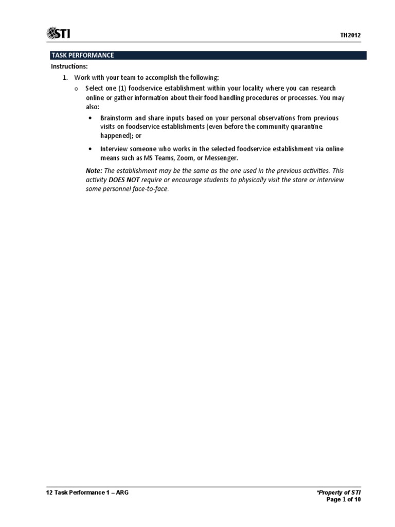 Instructions:: Task Performance | PDF | Foods | Hygiene