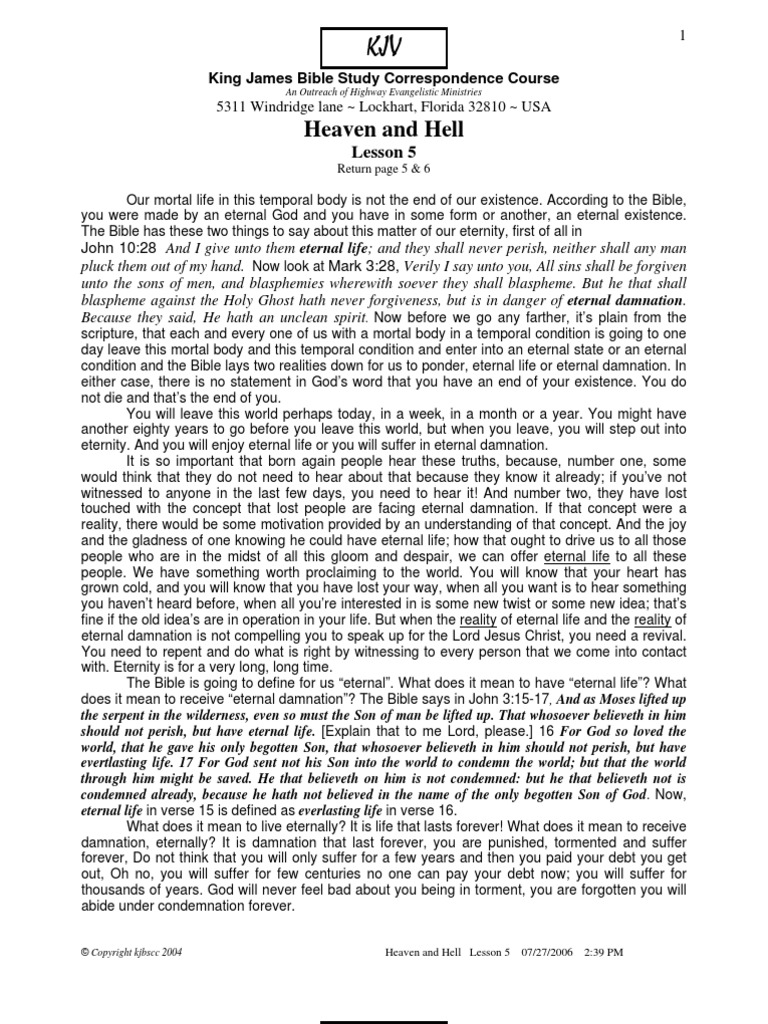 Heaven and Hell: Lesson 5 | PDF | Eternal Life (Christianity) | Hell