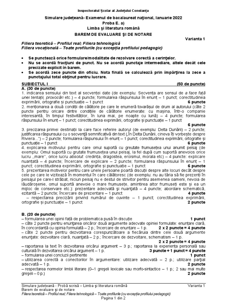 CT Varianta 1 Barem E A Romana Real Tehn Simulare-Judeteana Ianuarie-2022 | PDF