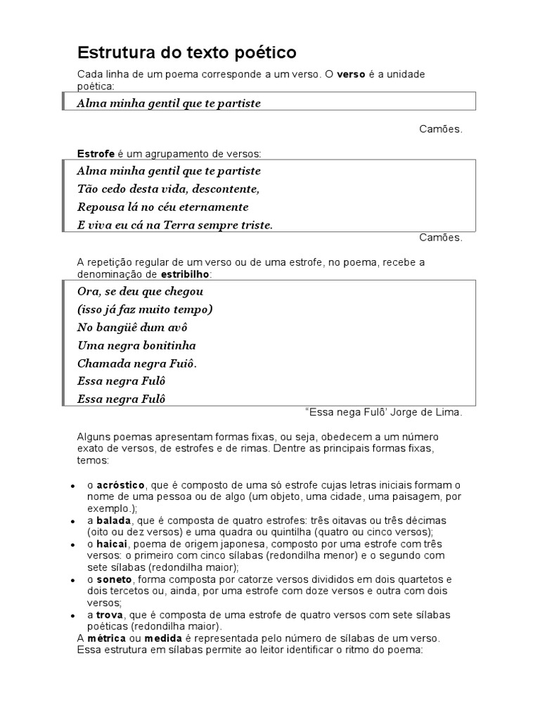 Estrutura do texto poético: versos, estrofes, métrica e rima | PDF ...