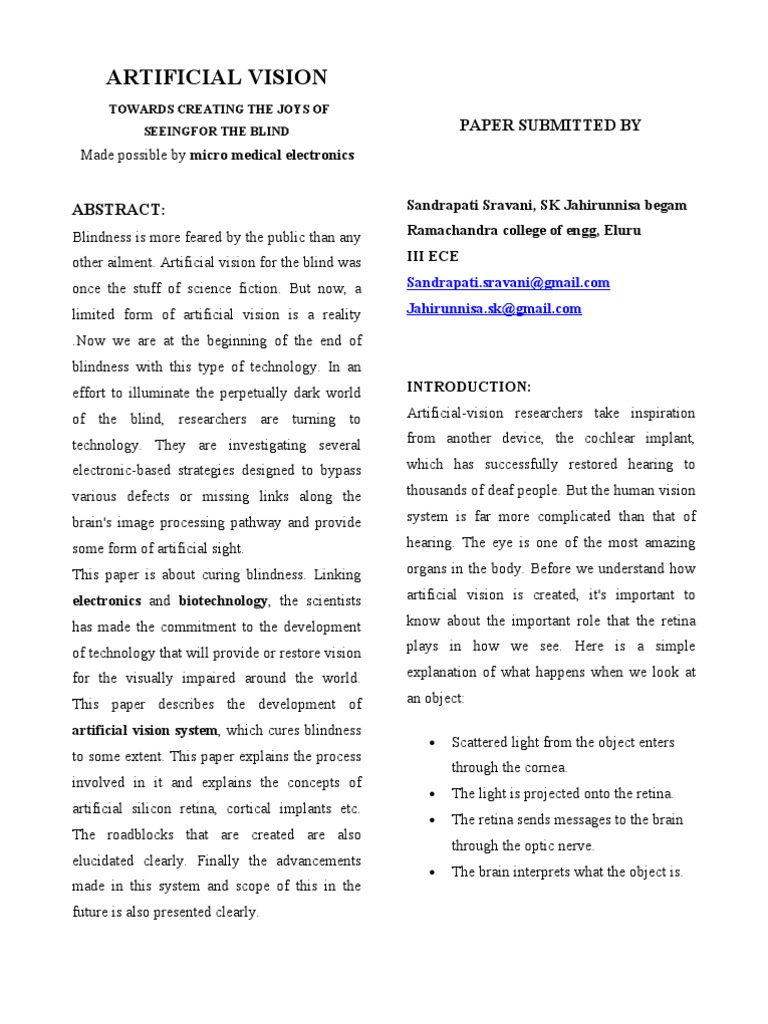 Artificial Vision: Paper Submitted by | PDF | Retina | Visual System