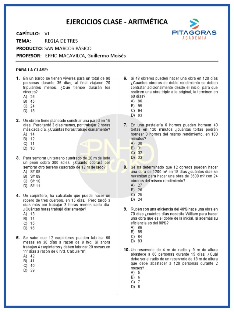 SB1MA0110 - AR - EJ06 - REGLA DE TRES - Prof. Guillermo Effio | PDF