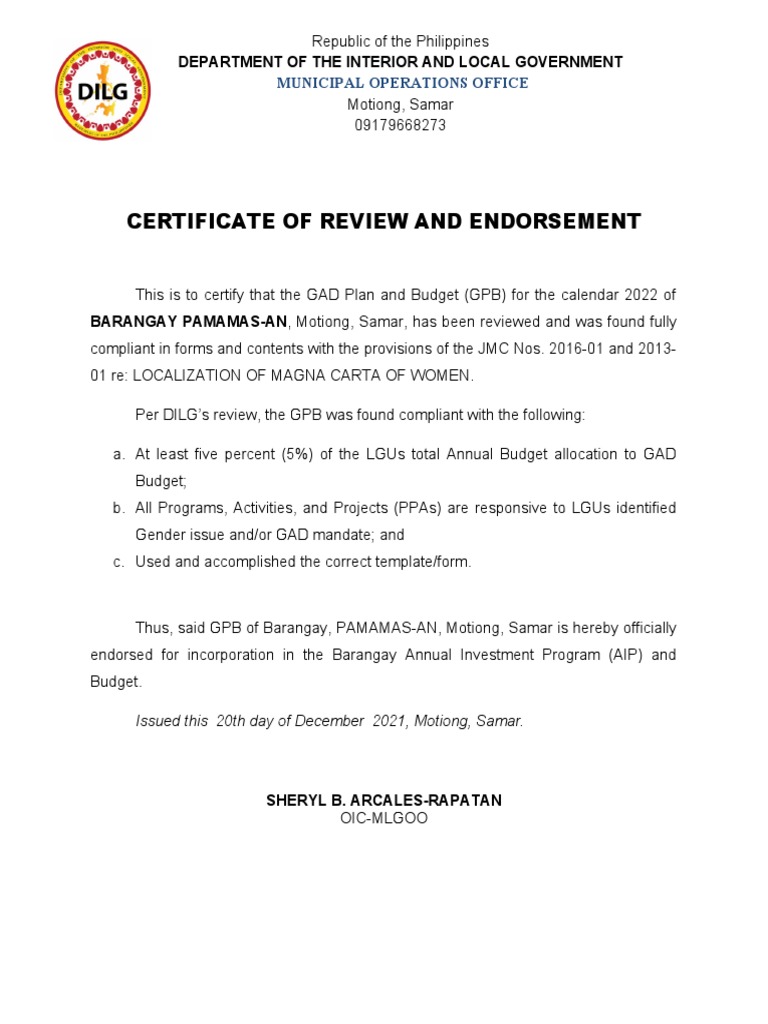Barangay GAD Certification | PDF