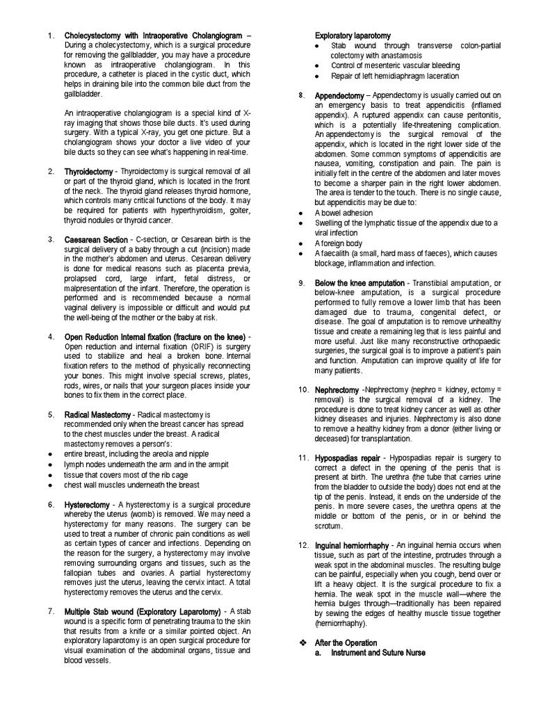 Common Surgical Procedures | PDF | Surgical Suture | Amputation