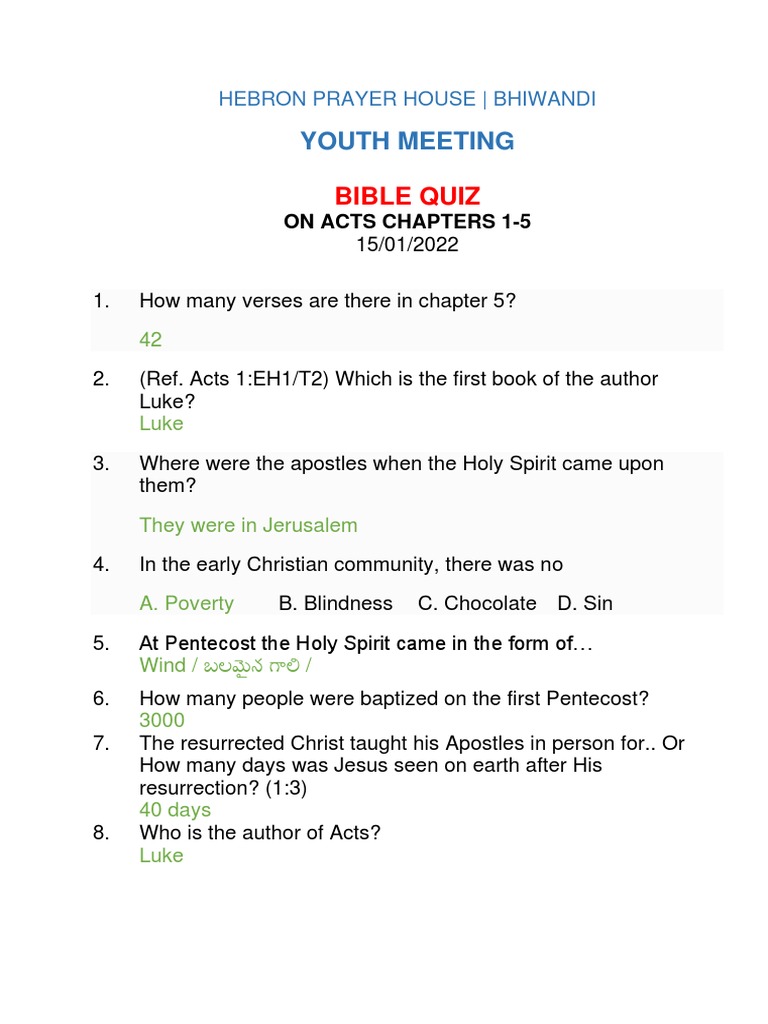 Hebron Bible Quiz: Acts 1-5 | PDF | Acts Of The Apostles | Pentecost