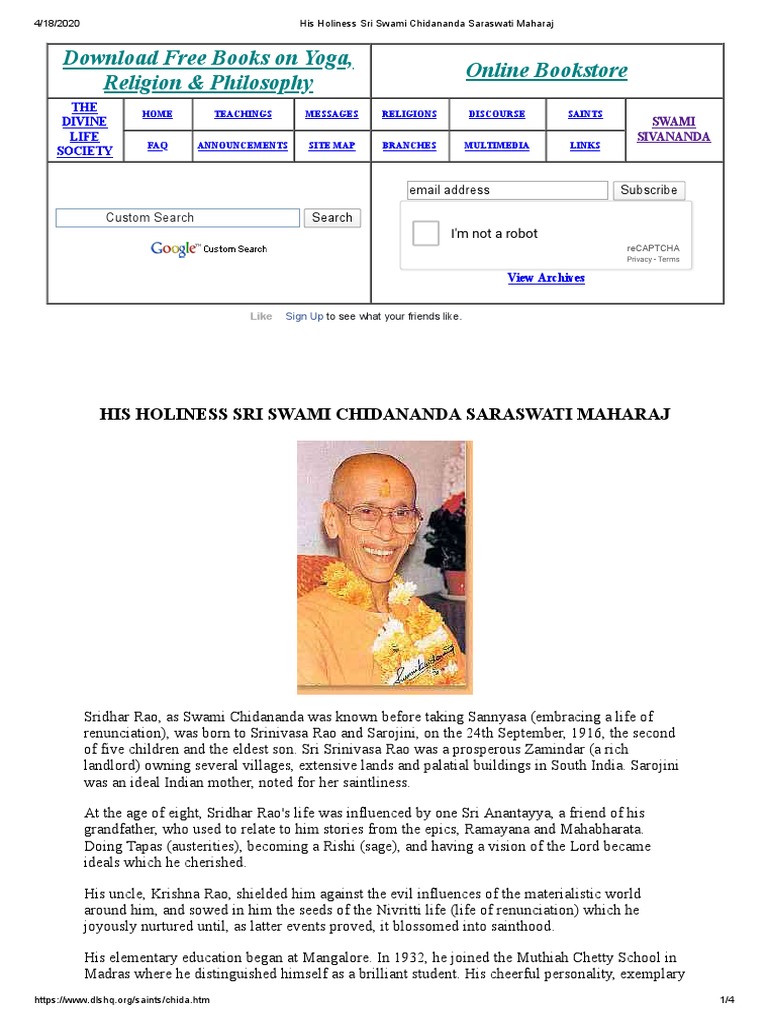 His Holiness Sri Swami Chidananda Saraswati Maharaj | PDF | Indian ...