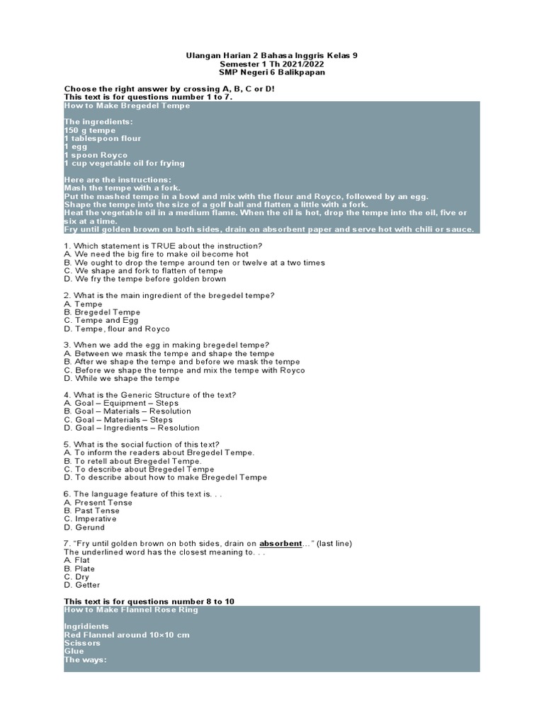 SOAL UH 2 BING Kls 9 | PDF | Smoothie | Yogurt