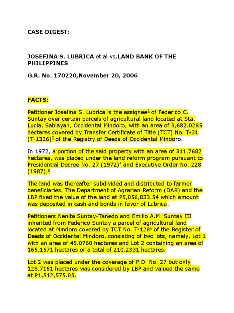 Lubrica VS LBP Case Digest | PDF | Eminent Domain | Nationalization