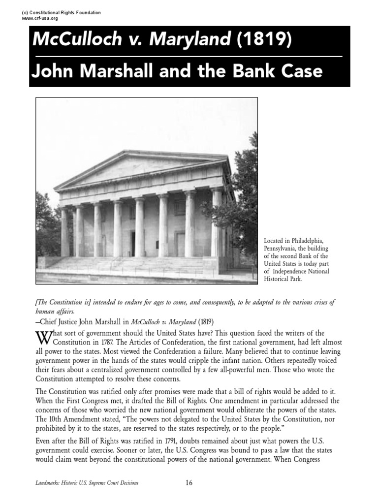 John Marshall and The Bank Case: Mcculloch V. Maryland (1819) | PDF ...